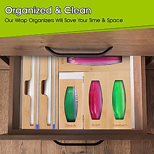 OTLS Storage Bag Organizer for Kitchen Drawer, 6 in 1 Foil and Plastic Wrap Organizer with Cutter, Bamboo Bag Organizer for Drawer with Separate Boxes for Gallon, Sandwich, Quart & Snack