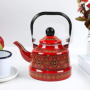 Leefasy 2.5L Enameled Tea Kettle Teapot Tableware Coffee Kettle No Whistling Easy Clean Teakettle for Stovetop for Picnic Kitchen Outdoor Hiking, Red A