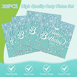 Juhap 41 Pcs Teal and Silver Tableware Set for Happy Birthday Table Decorations Blue Birthday Theme Dessert Plates Napkins Tablecloth for 20 Guests Girls Women Silver Glitter Birthday Party Supplies