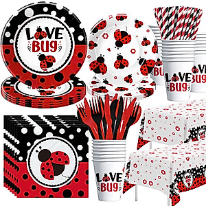 Xigejob Ladybug Birthday Party Decorations Tableware, Ladybug Party Supplies Girl, Plate, Cup, Napkin, Tablecloth, Cutlery, Straw, Lady Bug Theme Birthday Baby Shower Decorations Dinnerware | Serve 24
