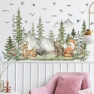 Amaonm 4 Sheet of 12x36 inch Giant Mountain Forest Tree Wall Decal Woodland Deer Bear Fox Birds Wall Stickers 3D DIY Peel and Stick Jungle Wild Animal Pine Wall Decor for Kids Boys Bedroom Playroom Living Room Classroom Decoration (Pine)