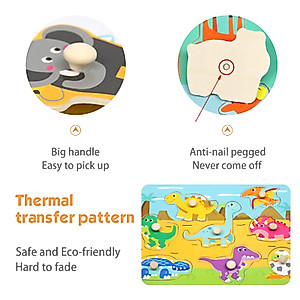 WOOD CITY Toddler Puzzles and Rack Set, Wooden Peg Puzzles Bundle with Storage Holder Rack, Educational Knob Puzzle for Kids Age 2 3 4 Years - Alphabet Number Shape Dinosaur Animal Vehicle