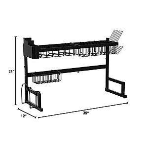 ADBIU 【Fit Sink 24.5"- 32" L】 2023 Version Over Sink Dish Drying Rack (Expandable Dimension) Snap-On Design 2 Tier Large Kitchen Dish Rack Stainless Steel Counter Organization and Storage