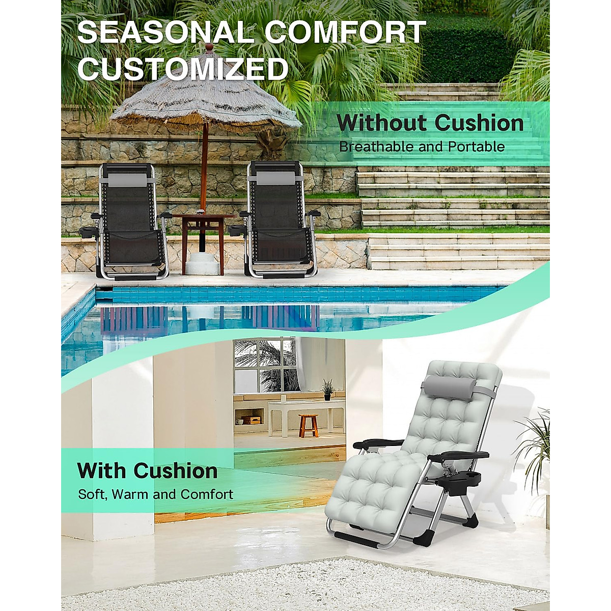 ZENPETIO Zero Gravity Lounge Chair, Outdoor Recliner Chair w/Detachable Cushion Cup Holder and Pillow, Portable Folding Anti Gravity Reclining Chair for Outdoor Camping Patio Lawn Pool, Gray