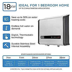 BLACK+DECKER Tankless Electric Water Heater 18kW 240 Volt 3.7GPM, Self-Modulating Multi-Application Unit for Small Homes or Apartments, Hot Water on Demand, Digital Temperature Display