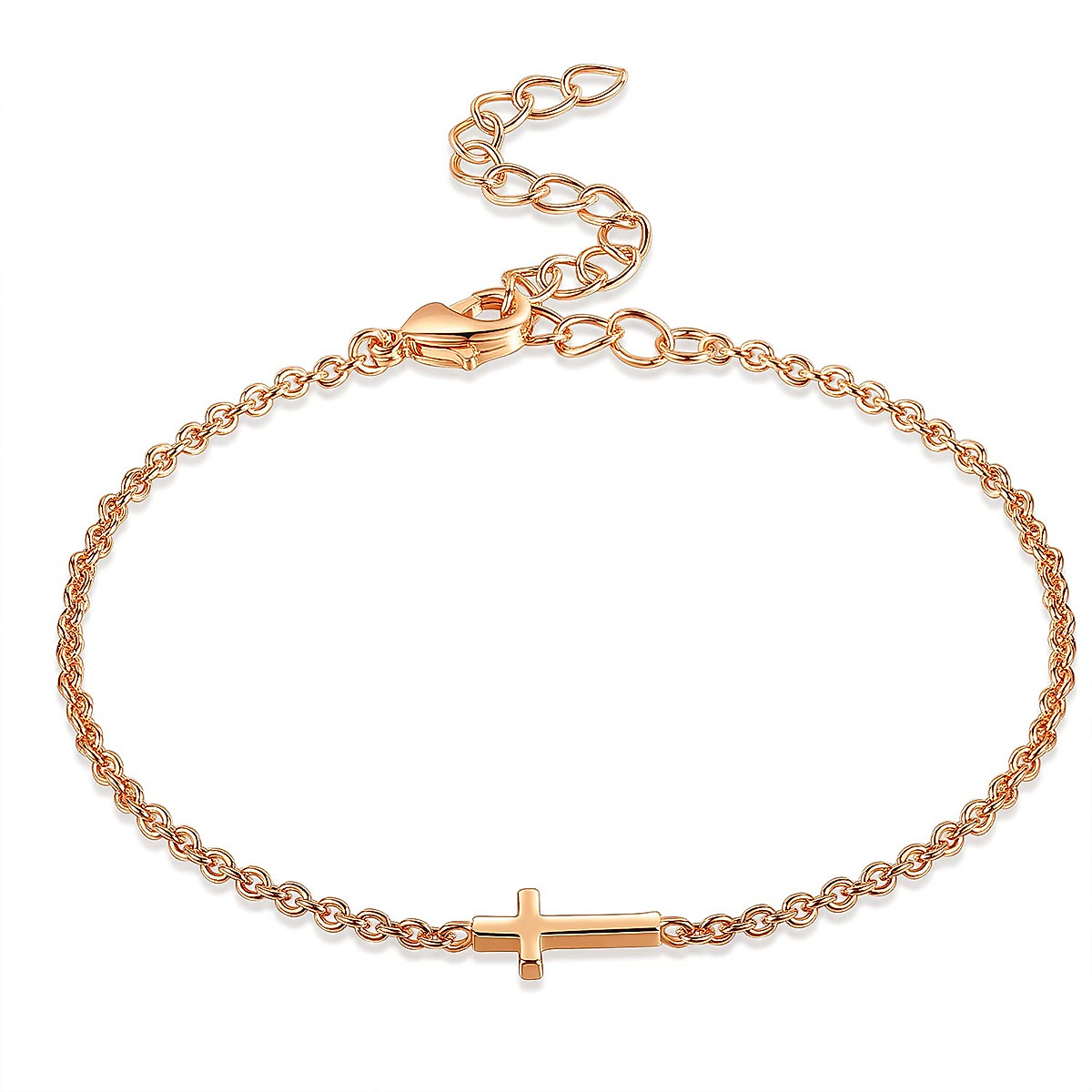 FINELOVE 14K Rose Gold Plated Cubic Zirconia Cross Bracelet for Women - Lucky Square Diamond Bracelets