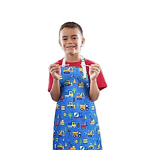 ASPMIZ Blue Kids Apron, Cartoon Vehicles Toddlers Apron for Boys, Tractor Childrens Aprons for Girls Adjustable Waterproof Child Apron for Gardening Crafting Cooking, Kids Boys Girls Gift