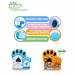 BabyNoms ® Teething Mitten 2-Pack Bundle | Dino Blue & Tiger Orange Teether Paws