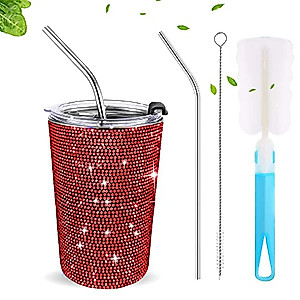 Bling Diamond Straw Cup,17oz Stainless Steel Thermal Bottle,Vacuum Double Wall Insulated Cup Glitter Water Bottle,Bling Cup, Leak-Proof Insulated Coffee Cup for Gym Fitness Travel Office Use（Red）