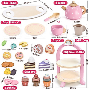 Atoylink Wooden Tea Party Set for Little Girls Toys Kids Play Kitchen Toddler Tea Set with Play Food & Cupcake Stand Pretend Play Wooden Toys for 2 3 4 5 6 Year Old Girl Christmas Birthday Gift