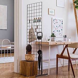 Bonnlo 6' x 2' Wire Grid Panel Tower with T-Base Floorstanding, Thicker 5mm Wire, 180 LBS Weight Capacity Grid Wall Display Rack with Hooks 4", 6" and 8", 2-Pack Black