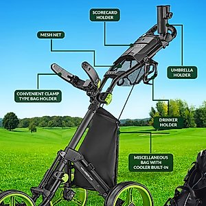 caddytek 4 Wheel Golf Push Cart - Compact, Lightweight, Close Folding Push Pull Caddy Cart Trolley - Explorer V8, Lime