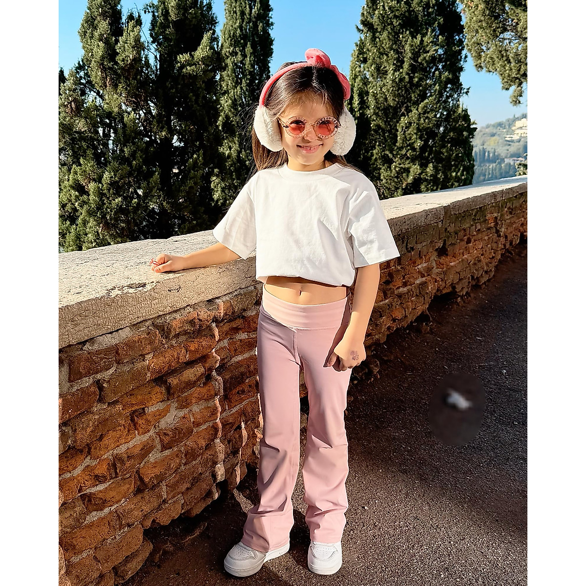 Stelle Girl's Flare Leggings High Waisted Yoga Pants Bootcut Dance Casual Pants Activewear Kids Bell Bottoms(Pink,L)