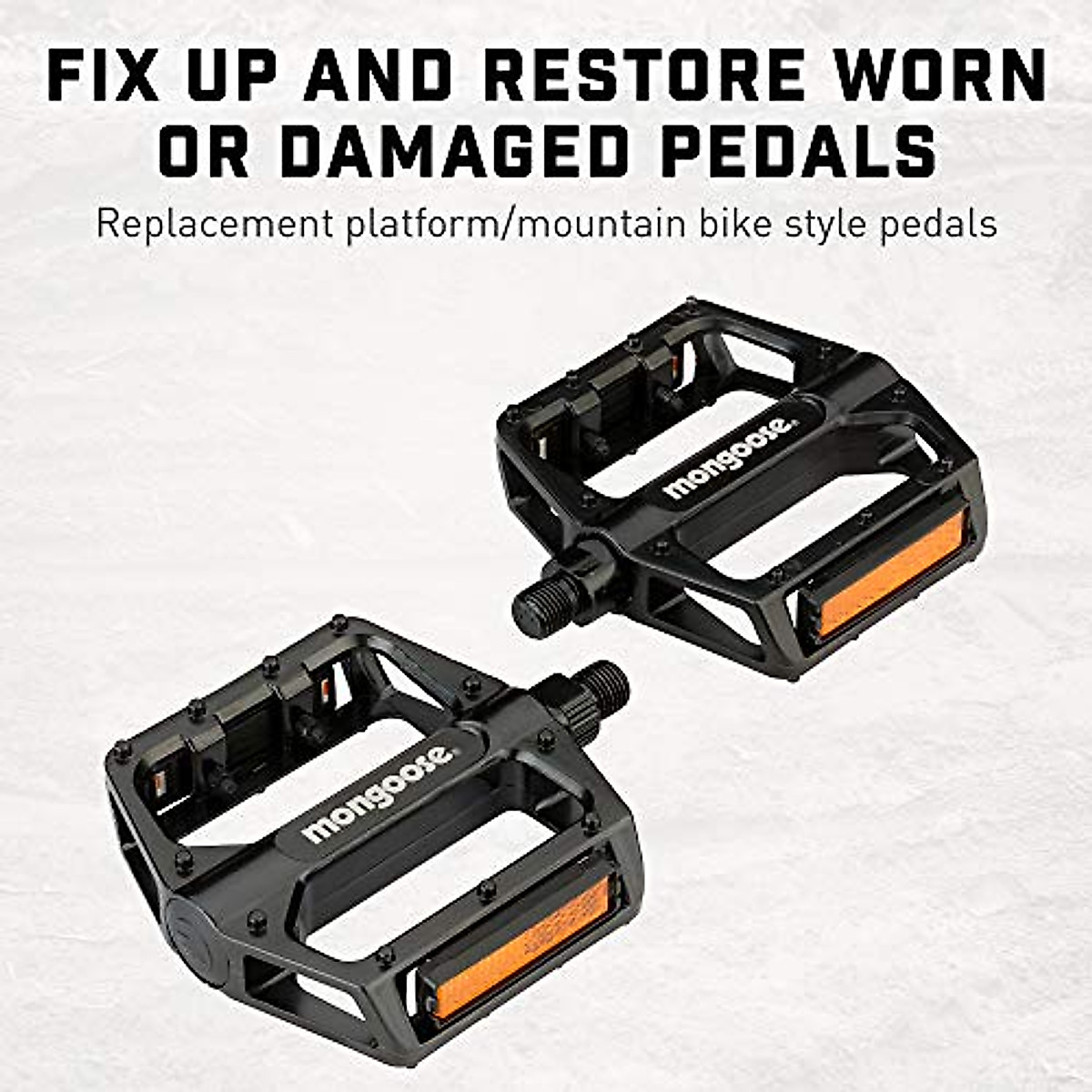 Mongoose Adult Mountain Bike Pedals, 1/2" and 9/16" Adapters, Durable Alloy Bicycle Platform Pedal, Refective Strips, MTB Bike Accessories, Black