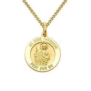 GM Fine Jewelry 14k Yellow Gold Religious Saint Jude Thaddeus Medal Charm Pendant with 1.5mm Flat Open wheat Chain Necklace - 18"