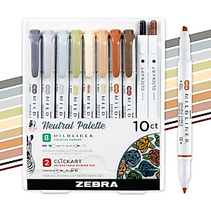 Zebra Pen Neutral Palette Set, Includes 8 Mildliner Highlighters and 2 ClickArt Markers, Assorted Neutral Vintage Ink Colors, 10-Pack (78601)