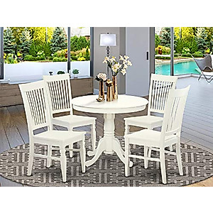 East West Furniture Antique 5 Piece Room Set Includes a Round Kitchen Table with Pedestal and 4 Dining Chairs, 36x36 Inch, Linen White
