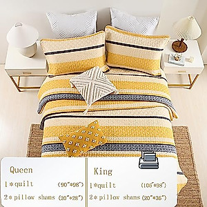 YUMIYUSHI Quilts Queen Size Sets， 100% Cotton Yellow Queen Quilt Set, Farmhouse Lightweight Queen Quilt Bedding Set,Yellow Black 3 Pieces Bed Quilt Sets in All Seasons