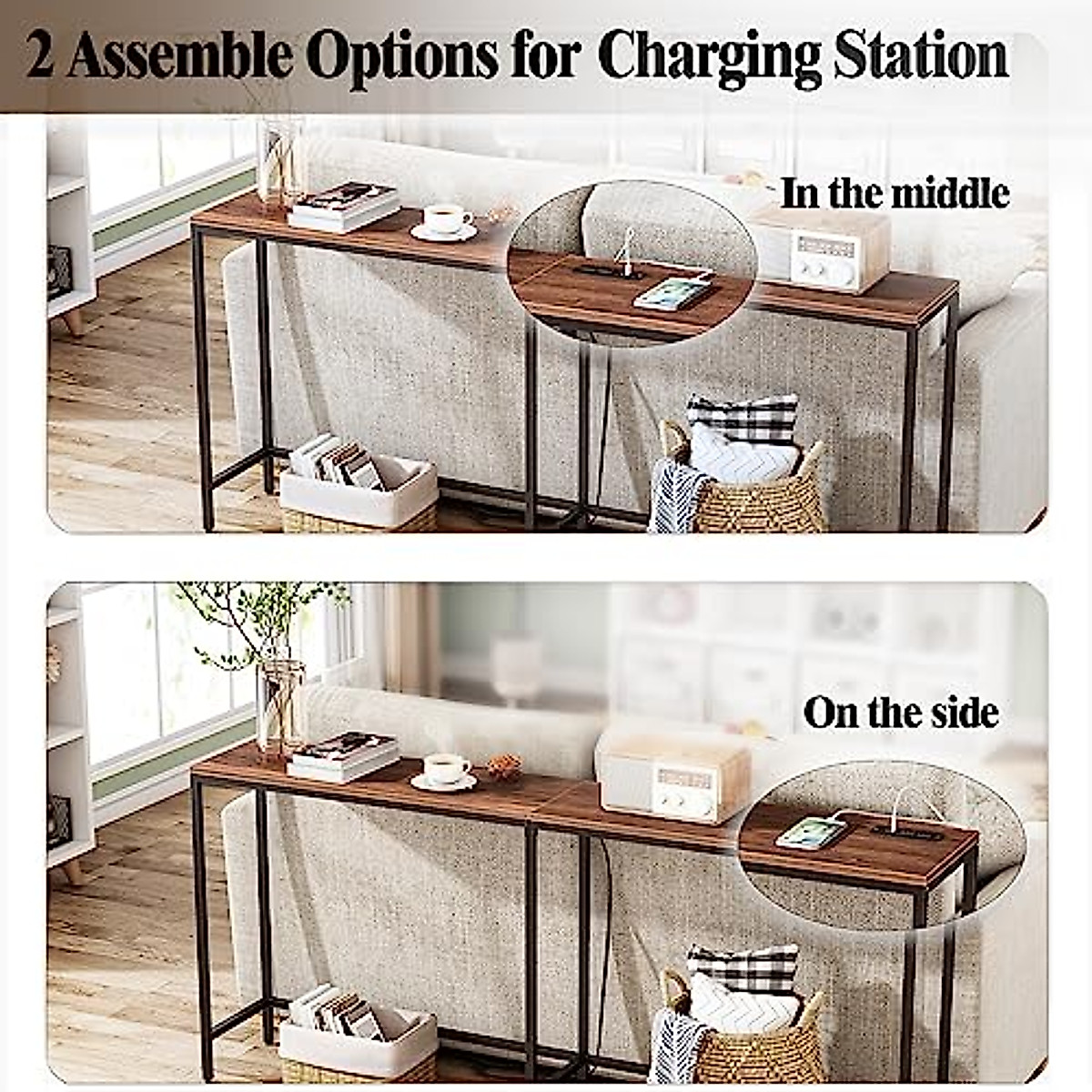 Rufokisa Console Table with Power Outlet, 70.9" Narrow Sofa Table, Skinny Sofa Hallway Table, Industrial Entryway Table with USB Ports, Behind Couch Table for Foyer, Living Room, Hallway, Bedroom