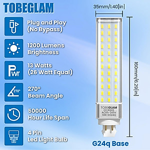 TOBEGLAM 13W GX24q 4 Pin LED Light Bulb,26W CFL Equivalent,6000k Cool White Plug in G24q Led Bulb,GX24q Base,1200 Lm Ballast Dependent,GX24q LED PL Horizontal Recessed Bulb Daylight 180° Beam Angle
