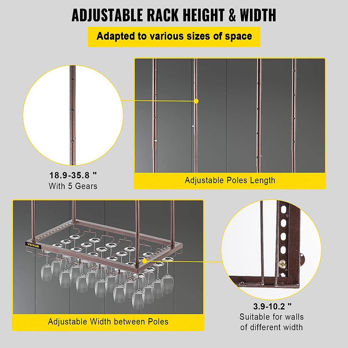 VEVOR Ceiling Wine Glass Rack, 23.6 x 13.8 inch Hanging Wine Glass Rack, 18.9-35.8 inch Height Adjustable Hanging Wine Rack Cabinet, Coppery Wall-Mounted Wine Glass Rack Perfect for Bar Cafe Kitchen