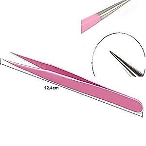 Onwon 2 Pcs Pink Stainless Steel Tweezers for Eyelash Extensions, Straight and Curved Tip Tweezers Nippers, False Lash Application Tools