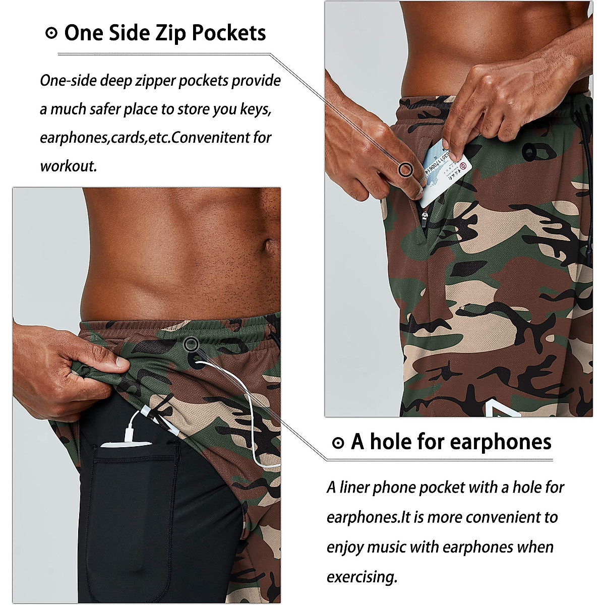 Pinkbomb Men's 2 in 1 Running Shorts Gym Workout Quick Dry Mens Shorts with Phone Pocket (Green Camo, XX-Large)