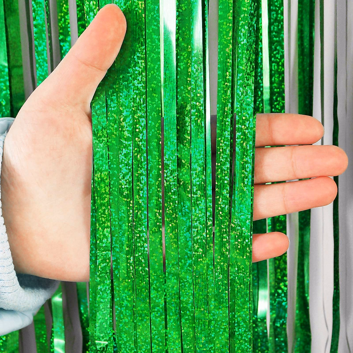 Green Tinsel Foil Fringe Curtain Backdrop, 3.3 x 8.2 ft Metallic Glitter Curtain Streamers, 2 Pack Green Photoboth for Birthday St Patrick's Day Christmas Party Decorations