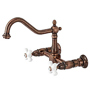 Kingston Brass KS124PXAC Heritage Two-Handle Wall Mount Bridge Kitchen Faucet, Antique Copper