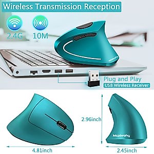 Mcpiwohy Ergonomic Mouse, Optical Vertical Mouse Rechargeable USB Mouse 2.4GHz Wireless Mouse with 6 Buttons,3 Adjustable 1200/1600/2400 DPI for Laptop, Desktop, PC, MacBook (Blue)
