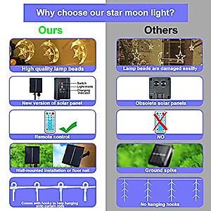 Solar Curtain Lights Outdoor Star and Moon Light 138 LED Waterproof Fairy String Lights Solar Powered 8 Modes Hanging String Lights for Window Fence Tent Garden Patio Home Outdoor Decor (Warm)