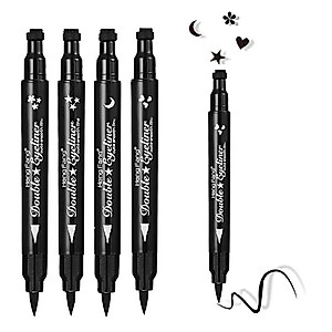 FATUXZ Double-headed Liquid Eyeliner Pen Stamp Super Slim Gel Felt Tip Waterproof Long Lasting Makeup Tool(Heart/Moon/flower/Star Shape Stamp Pen, 4 Styles/Set)