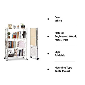 TOOLF 4-Tier Foldable Shelving Unit, Freestanding Metal Storage Shelf with MDF Tabletop, No Assembly Storage Shelves with Wheels for Garage Kitchen Bakers Closet Pantry, Heavy Duty Shelving