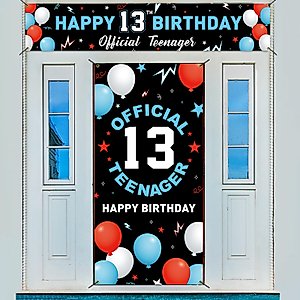 HTDZZI 13th Birthday Backdrop Banner Decorations Kit, Happy 13th Birthday Decoration for Boys Girls, Official Teenager 13 Year Old Birthday Party Door Yard Sign Photo Props Supplies, Fabric, Blue