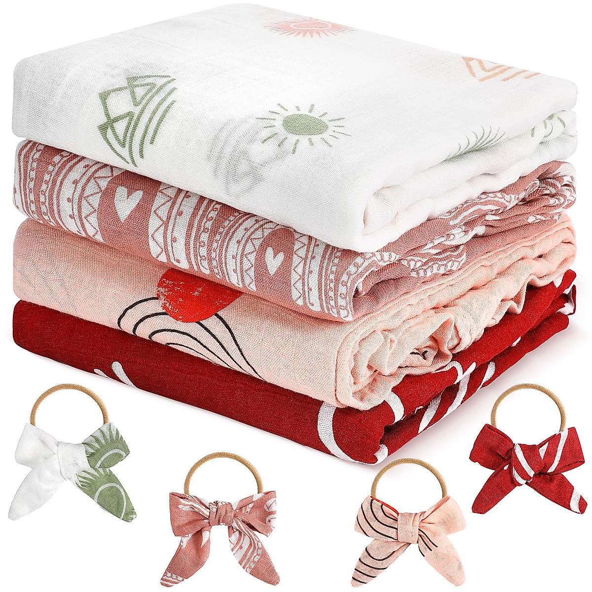 Tatuo 8 Pcs Baby Receiving Blanket Cotton 47 x 47 Inches Muslin Swaddle Blankets 4 Headband 4 Baby Swaddle for Newborns Accessories Set Breathable Soft Flamingo Flower Blankets(Boho Rainbow)