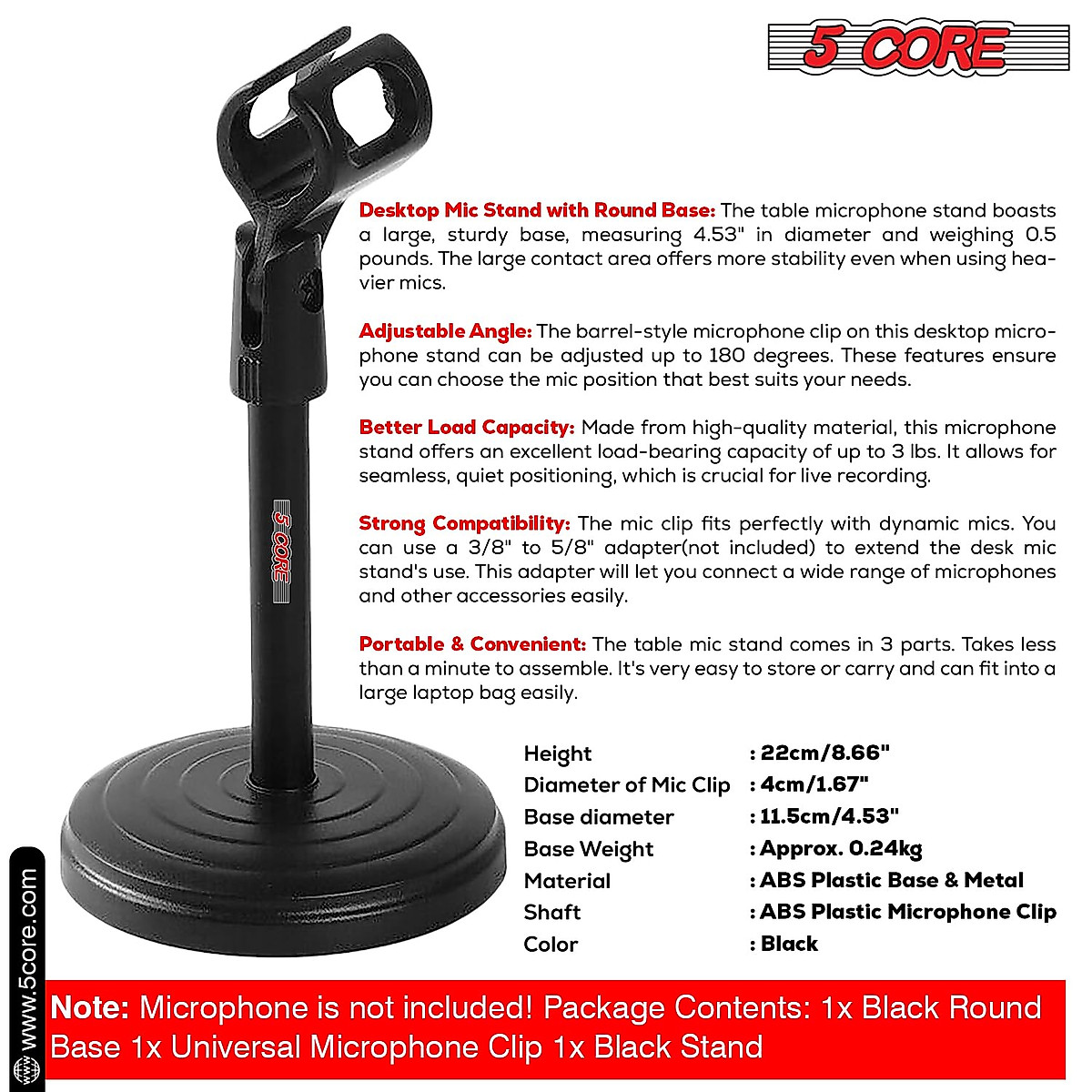 5 Core Desk Microphone Stand • Angle Adjustable Desktop Mic Stand • Table Mic Holder with Universal Mic Clip MS RBS