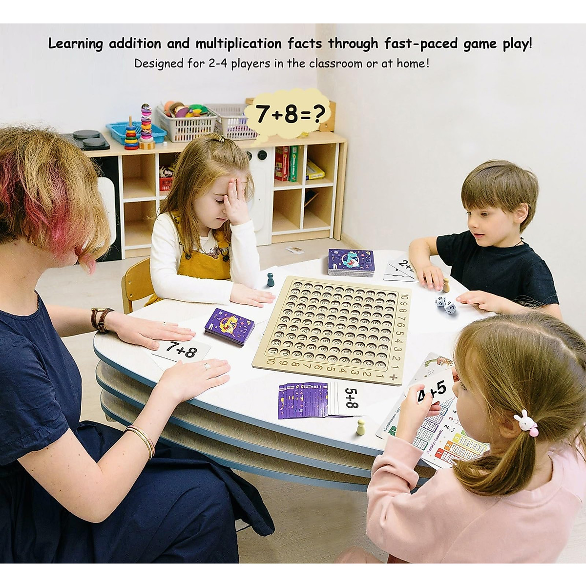 2 in 1 Multiplication Addition Math Board Game for Kids - Wooden Montessori Math Toys for Girls Boys 4 5 6 7 8 9 Years Old Wood Double Sided Board Table Dice Card Games for Family