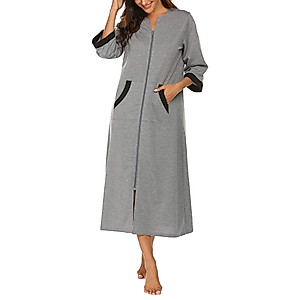Ekouaer Women Zipper Robe 3/4 Sleeves Loungewear Dress Full Length Sleepwear Pockets Housecoat Nightgown Long Bathrobe