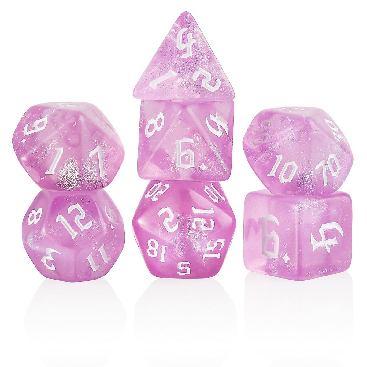 DND Dice Pink Transparent Dice with Color Changing Glitter for Dungeons and Dragons Role Playing Game,D&D,MTG,Pathfinder Dice Set with Dice Pouch(Sickle Handwriting)