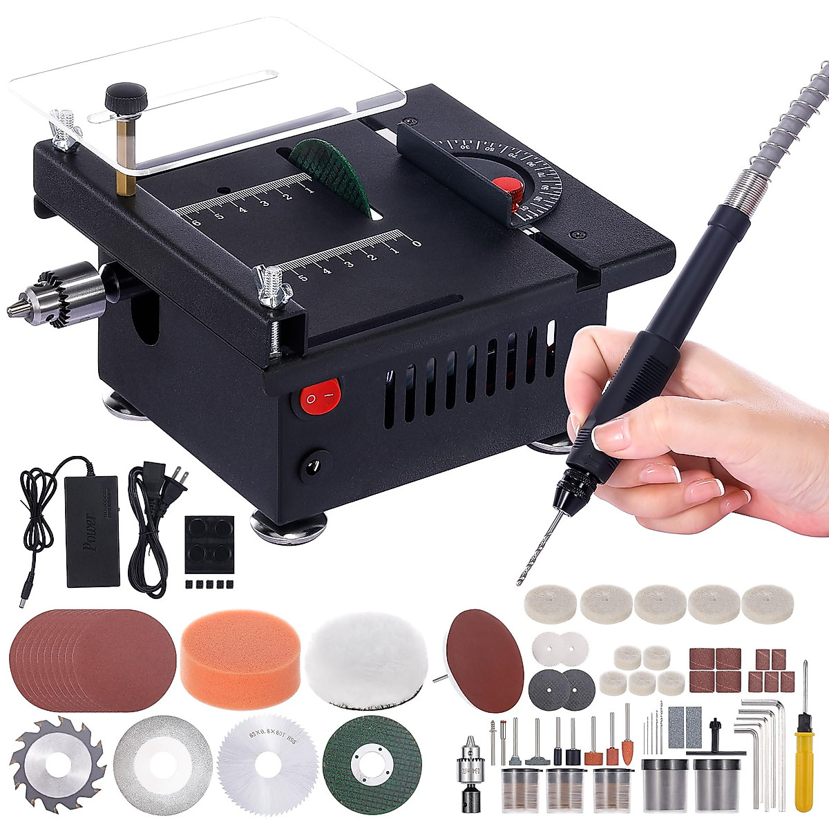 Mulcort 100W Multi-Functional Table Saw Mini Desktop Electric Saw Cutter Speed & Angle Adjustable 16MM Cutting Depth with Blade Flexible Shaft and More Accessories for Wood Plastic Acrylic Cutting