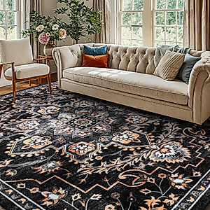 8x10 Boho Large Area Rug, Washable Rug, Ultra Soft Area Rug, Non Slip Abstract Rug Foldable, Stain Resistant Rugs for Living Room Bedroom, Vintage Fuzzy Rug(Black Yellow, 8'x10')