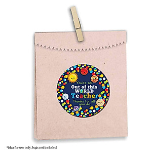 Out of This World Outer Space Themed Teacher Appreciation Thank You Sticker Labels, 40 2" Party Circle Stickers by AmandaCreation, Great for Envelope Seals & Gift Bags