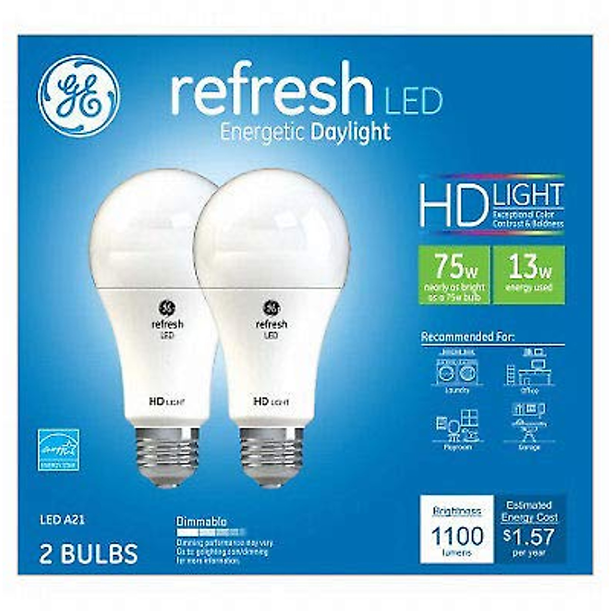 Ge Lighting 93127610 13 Watt E26 A21 Frosted Daylight Led Dimmable Refresh Hd Light Bulbs 2 Count