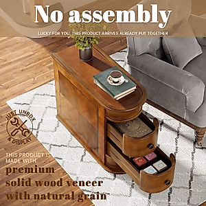 Wood End Table with 2 Drawers, No Assembly Required Narrow Sofa Side Table for Living Room, Vintage Slim Nightstand Bedside Table for Bedroom, Finished Back (2 Drawers, Brown, 1Pc)