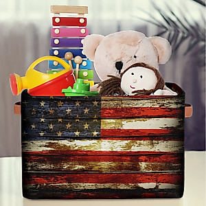 KOBLEN 4th Of July American Flag Wooden Storage Basket Collapsible Storage Cube Box Fabric Toys Storage Bins Large Organizer with Handles for Shelf Closet Bedroom Home Office