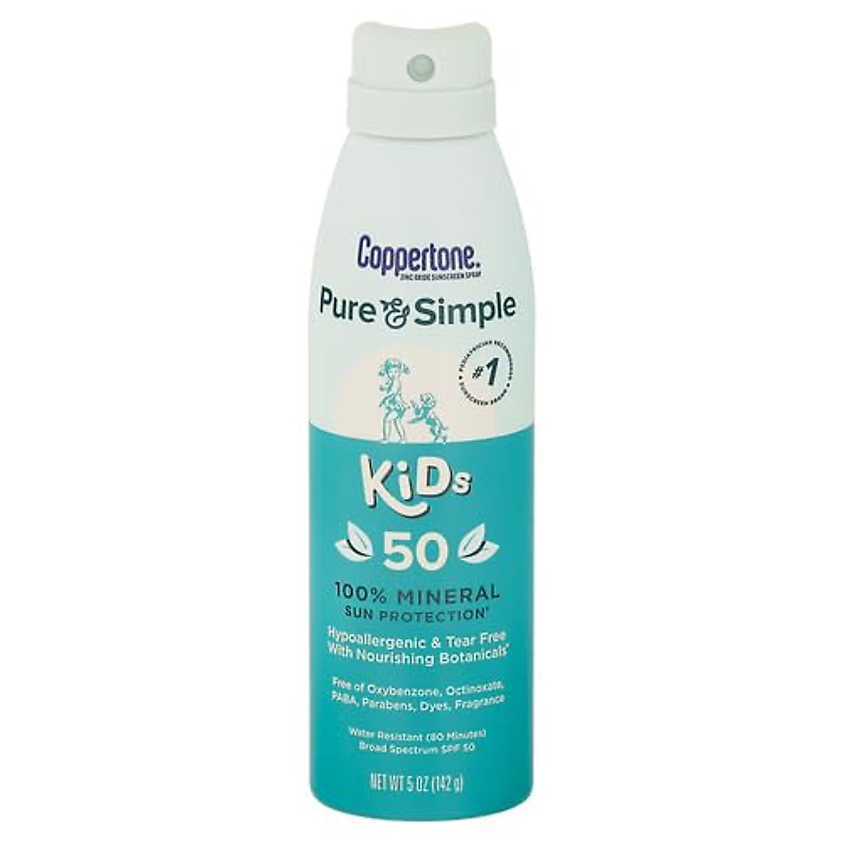 Coppertone Pure and Simple Kids Sunscreen Spray SPF 50, Zinc Oxide Mineral , Tear Free, Water Resistant, Broad Spectrum , 5 Oz