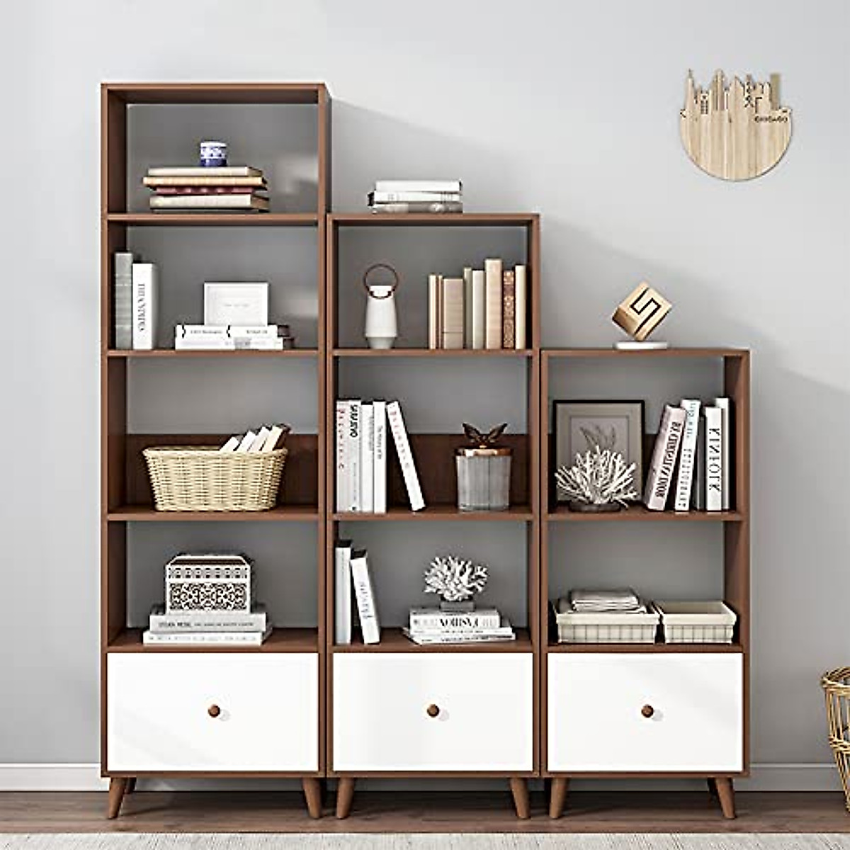 IOTXY 3-Tier Open Shelves Bookcase - 47" Height Modern Free Standing Wooden Cube Bookshelf with Storage Drawer and Legs, Walnut