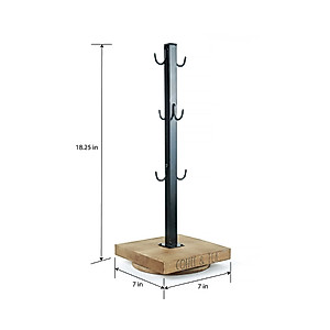 Rae Dunn Coffee Mug Holder - 6 Hook Mug Holder - Coffee Mug Tea Cup Rack with Wooden Spinning Base and Hanging Hooks for Storage & Display - Mug Stand Organizer for Kitchen Counter or Cafe Countertop