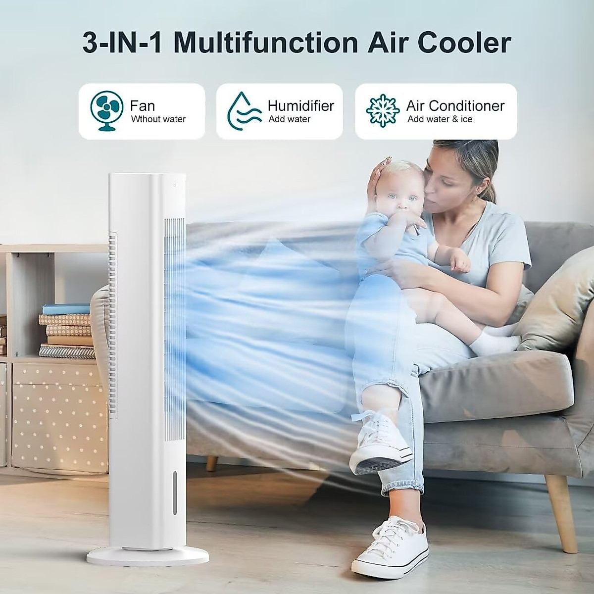 Windowless Portable Air Conditioner Ac Units with Remote, Evaporative humidifier Air Tower Cooling Fan, Small Indoor Outdoor Oscillating Swamp Cooler 7H Timer, Large White