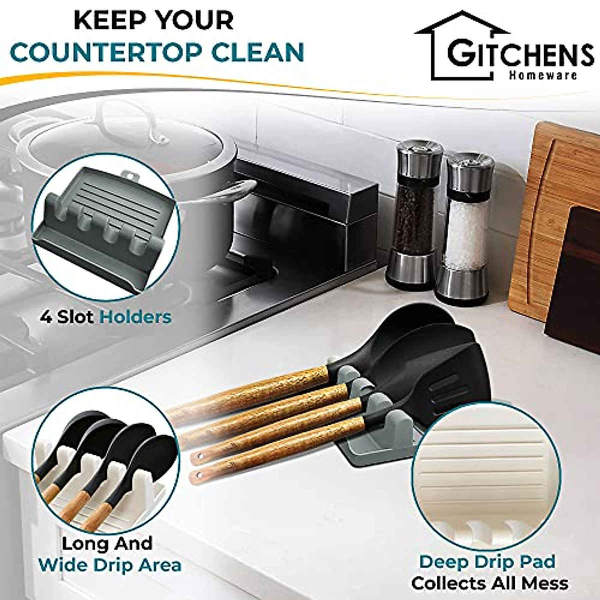 Gitchens Premium Utensil And Spoon Rest with Deep Drip Pad And Pot Lid Holder | Utensils And Spoons Cooking Stand for a Clean Grill, Stove And Kitchen | 2 Pack (White And Grey) with Hanging Hooks